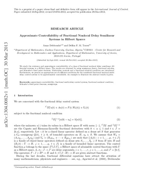 Pdf Approximate Controllability Of Fractional Nonlocal Delay Semilinear Systems In Hilbert