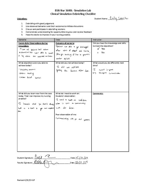 Nur 3600l Clinical Simulation Lab Debriefing Checklist Pdf Bsn Nur 3600l Simulation Lab