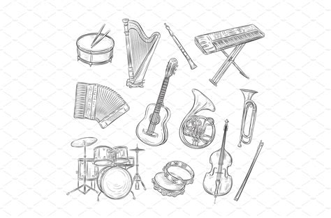 Musical Instruments Pencil Drawings