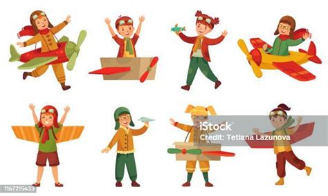 파일럿 의상을 입은 아이들 종이 장난감 비행기 날개 사랑스러운 아이들은 비행기 장난감과 어린이 항공기 모델링 벡터 세트와 함께