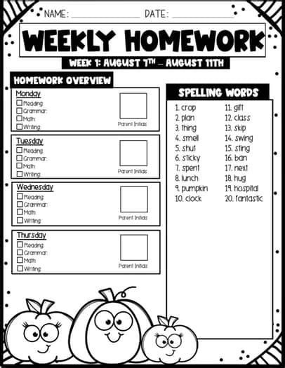 Editable Weekly Homework Cover Sheets Weekly Homework Spelling Words