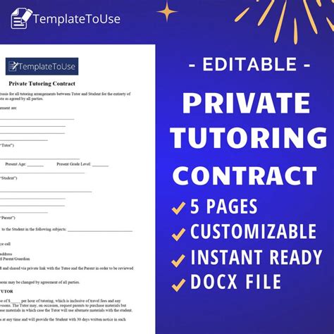 Tutor Contract Tutoring Agreement Private Tutoring Business Contract Editable Template For