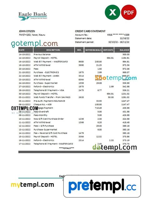 Nauruan Eagle Bank Statement Months Excel And PDF Example Pretempl