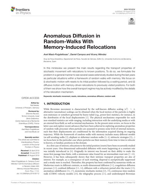 Pdf Anomalous Diffusion In Random Walks With Memory Induced Relocations