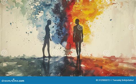 Watercolor Illustration Of The Duality Of Bipolar Disorder With Two Silhouetted Figures Against