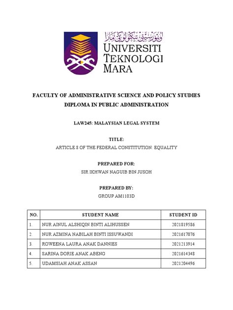 Law245 Group Assignment Am1103b Uitm Cawangan Sarawak Pdf Discrimination Social Equality