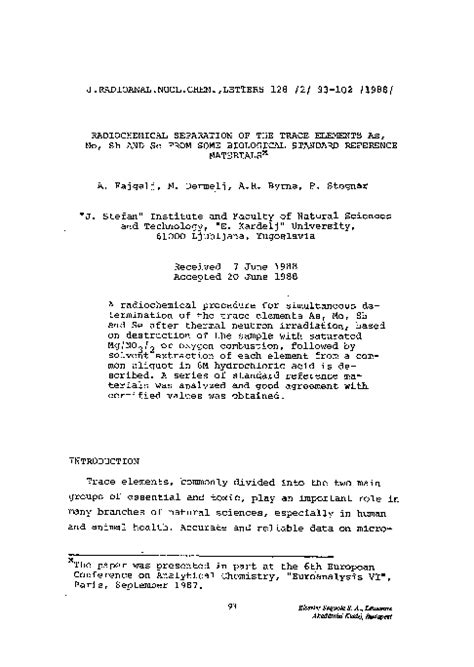 Pdf Radiochemical Separation Of The Trace Elements As Mo Sb And Se