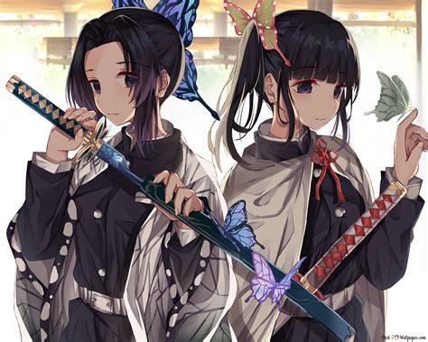 Demon Slayer Sora Shinobu și Kanao Cu Fluturi 2k Descărcare De Fundal