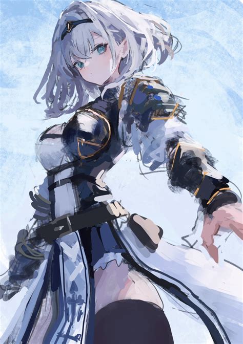 Safebooru 1girl Armor Belt Blue Background Blue Eyes Blue Shirt
