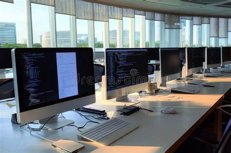 Empty Modern Office Workspace With Multiple Computer Screens Displaying Code In Natural Light