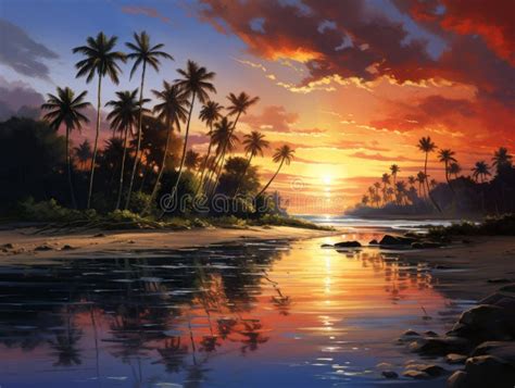 Tropical Sunset Over A Beach With Palm Trees And Reflections Stock
