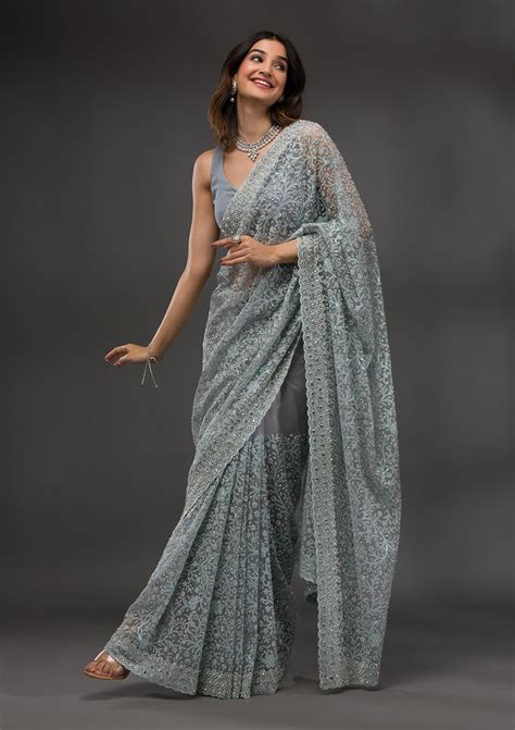 Buy Sky Blue Stonework Net Saree Koskii