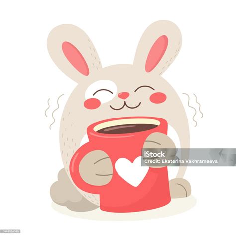 해피 버니 커피 또는 핫 초콜릿 한 잔과 함께 만화 캐릭터 벡터 일러스트 레이 션 공휴일에 대한 스톡 벡터 아트 및 기타 이미지 공휴일 귀여운 긍정적인 감정 표현