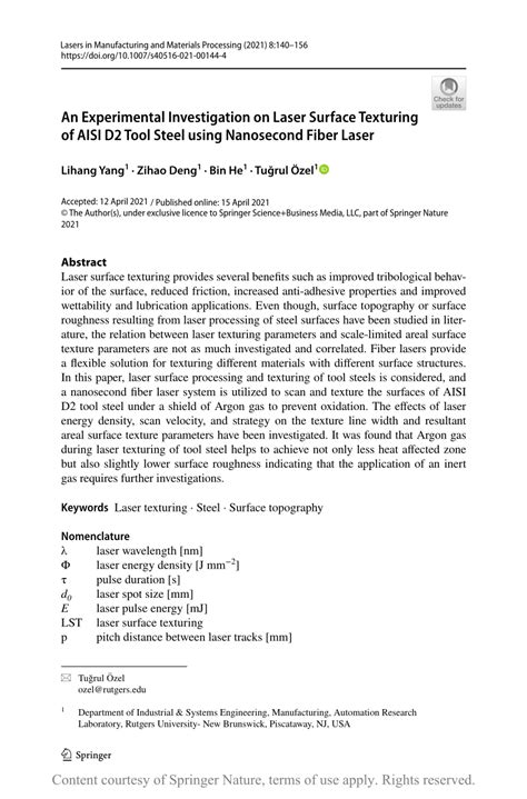 An Experimental Investigation On Laser Surface Texturing Of Aisi D2 Tool Steel Using Nanosecond