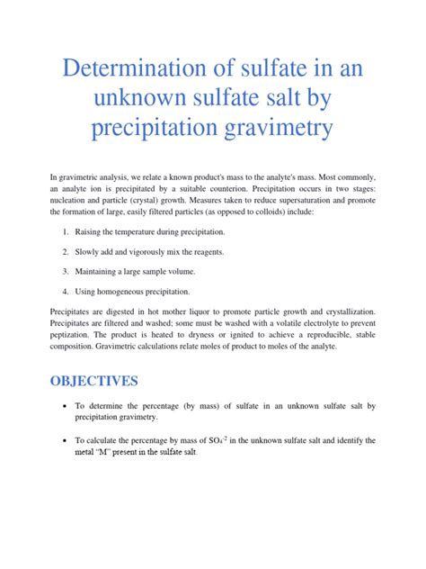 Part 1 Determination Of Sulfate In An Unknown Sulfate Salt By