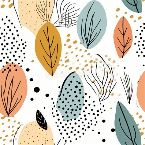 Seamless Aesthetic Pattern With Hand Drawn Abstract Leaves And Dots