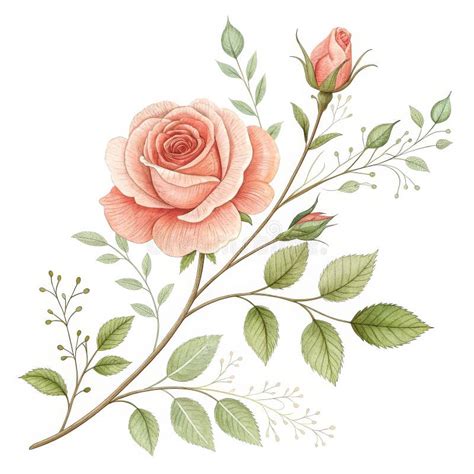 Watercolor Rose Branch Botanical Illustration Peach Rose Green Leaves
