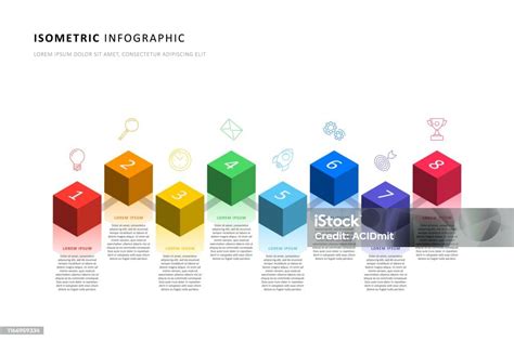 8 개의 사실적인 3d 입방 요소와 아이소메트릭 인포 그래픽 타임 라인 템플릿 브로셔 배너 연례 보고서 및 프리젠 테이션을위한 현대적인 비즈니스 프로세스 다이어그램 편집하고