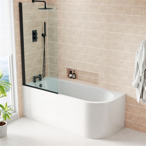 Armourcast Reinforced J Shaped Shower Bath With Panel And Matt Black Shower Screen 1700mm Drench