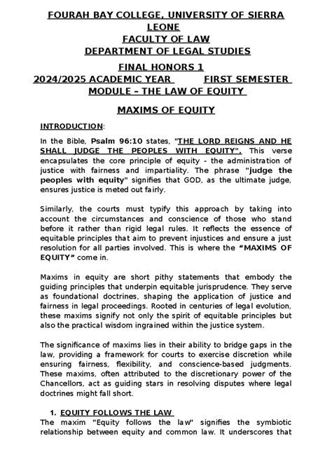 Equity Lecture Notes Maxims Of Equity And Equitable Remedies Fourah Bay College University