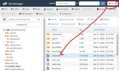 find your site s hidden htaccess file in cpanel in2wp