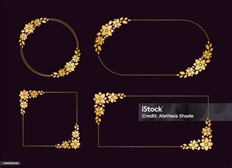 골드 기하학적 꽃 프레임 템플릿 세트입니다 호화스러운 황금 구조 테두리를 초대하고 결혼식 증명서 꽃과 나뭇잎이 있는 벡터 아트 0명에 대한 스톡 벡터 아트 및 기타 이미지