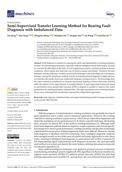Pdf Semi Supervised Transfer Learning Method For Bearing Fault