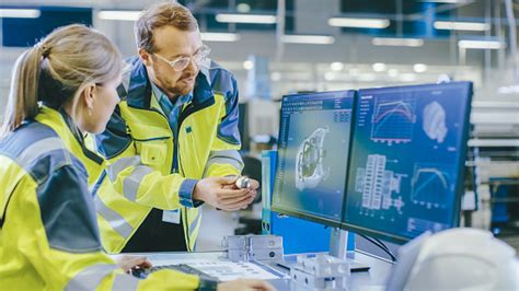 공장에서 남성 기계 엔지니어는 개인용 컴퓨터에서 구성 요소 및 여성 수석 엔지니어 작업을 보유 하 고 있으며 로봇 팔에 대 한 3d 엔진 모델 설계의 세부 사항을 설명