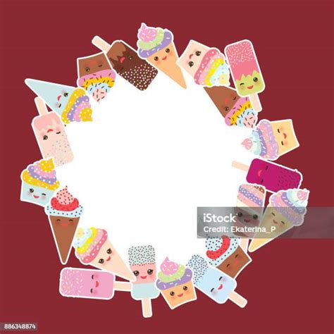 텍스트에 대 한 카드 디자인입니다 라운드 프레임 화 환입니다 크림 아이스크림 와플 콘 얼음 롤리 귀여운 분홍색 뺨을 가진에 윙크 눈 어두운 갈색 바탕에 파스텔 색상의 컵