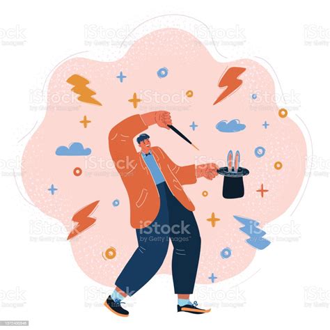 토끼와 함께 상단 모자를 들고 마술사의 전체 길이 초상화의 벡터 그림 Performing Arts Event에 대한 스톡 벡터 아트 및 기타 이미지 Performing