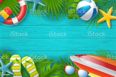 화려한 해변 요소와 여름 배경 벡터 배너 디자인입니다 벡터 일러스트 해변 파티에 대한 스톡 벡터 아트 및 기타 이미지 해변 파티 3차원 형태 여름 Istock