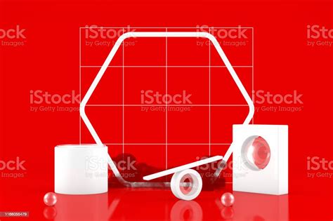 3d 흰색 육각 형 프레임 과 빈 제품은 빨간색 배경 크리스마스 배경에 서 3차원 형태에 대한 스톡 사진 및 기타 이미지 3차원 형태 개념 공란 Istock