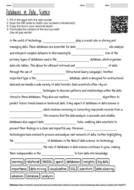 worksheet with the topic databases in data science materials school