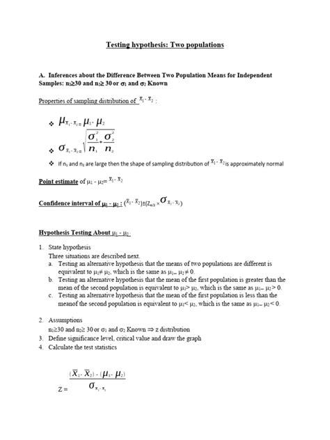 Testing Hypothesis Of Two Populatios Handout Pdf Statistical