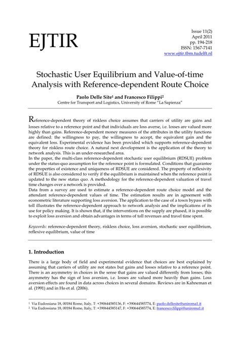 Pdf Stochastic User Equilibrium And Value Of Time Analysis With Reference Dependent Route Choice