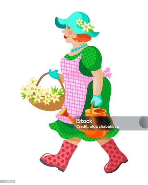벡터 여자꽃 바구니와 정원 급수와 패턴 옷에서 정원사는 그녀의 손에 수 있습니다 고무장화에 대한 스톡 벡터 아트 및 기타 이미지