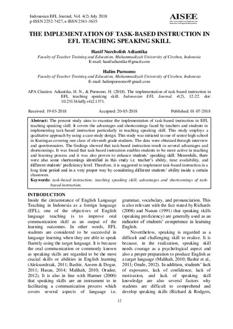 pdf implementation of task based instruction in efl teaching speaking