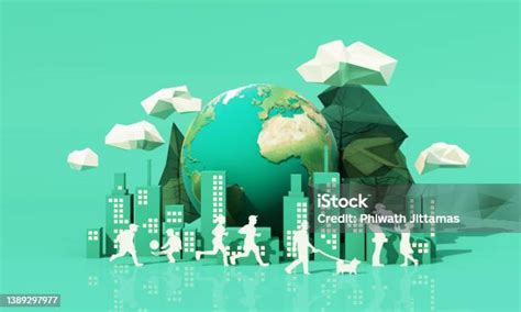 낮은 폴리 트리와 구름과 녹색 배경 3d 렌더링 그림에 지구 지구 지구와 종이 사람들을 바닥에 건물 도시 공원과 세계 환경의 날의 혁신적인 포스터 또는 배너 도시에 대한