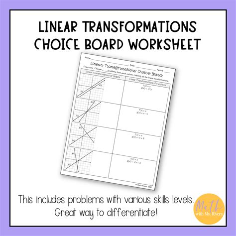 Transformations Of Linear Functions Worksheet Choice Board For Algebra 1 Maila Rivera Tpt
