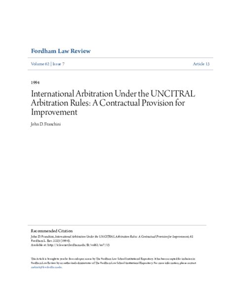 Pdf International Arbitration Under The Uncitral Arbitration Rules A Contractual Provision