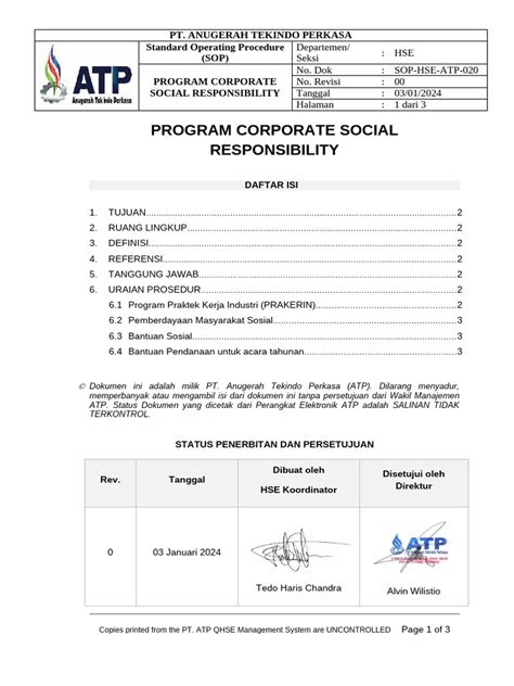 Sop Hse Atp 020 Prosedur Program Csr Pdf Teknologi And Rekayasa