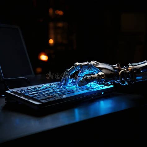 Robotic Hand Typing On Keyboard In Dark Cyber Environment Stock Image