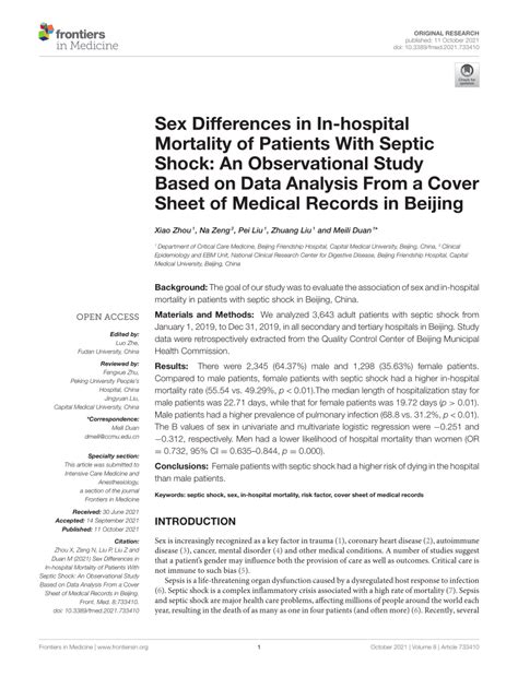 Pdf Sex Differences In In Hospital Mortality Of Patients With Septic Shock An Observational
