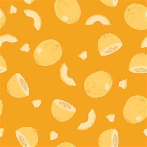 Melon Whole And Slice Seamless Pattern On Orange Background With Seed Fresh Yellow Honey Melon