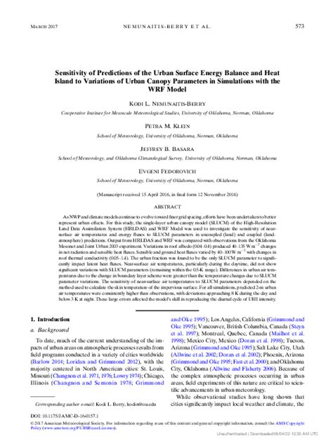 Pdf Sensitivity Of Predictions Of The Urban Surface Energy Balance And Heat Island To
