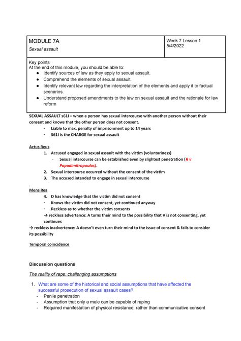 Module A Sexual Assault MODULE A Sexual Assault Week Lesson Key Points At The End