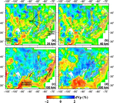 Map Views Of P Wave Tomography At Depths Of 25 40 100 And 200 Km Download Scientific