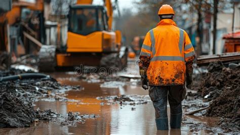 Construction Worker Assessing Flood Damage In Urban Area Disaster