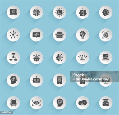 파란색 배경에 투명한 그림자가있는 둥근 푹신한 종이 원에 인공 지능 벡터 아이콘 웹 모바일 및 사용자 인터페이스 디자인을위한 인공 지능 스톡 벡터 아이콘 개념에 대한 스톡