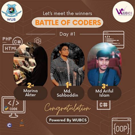 wub 🎉 battle of coders day 01 winners 🎉 we are excited to announce the winners of the day